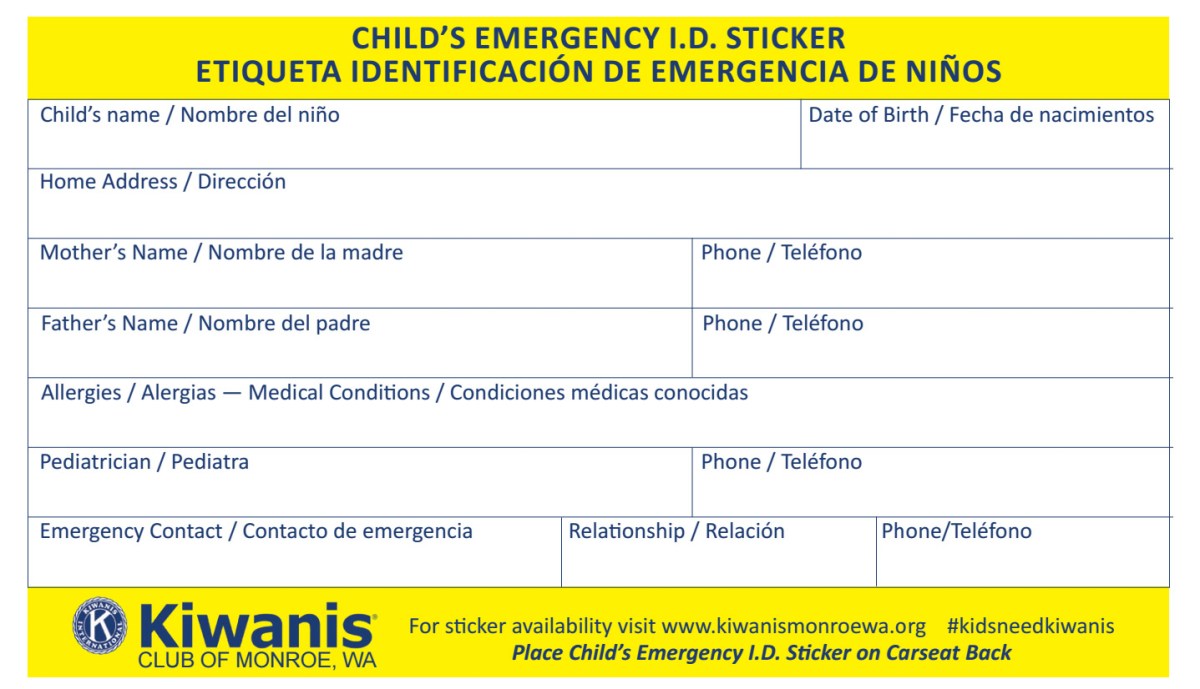 Car Seat Emergency ID Stickers Now Available – Kiwanis Club of Monroe WA